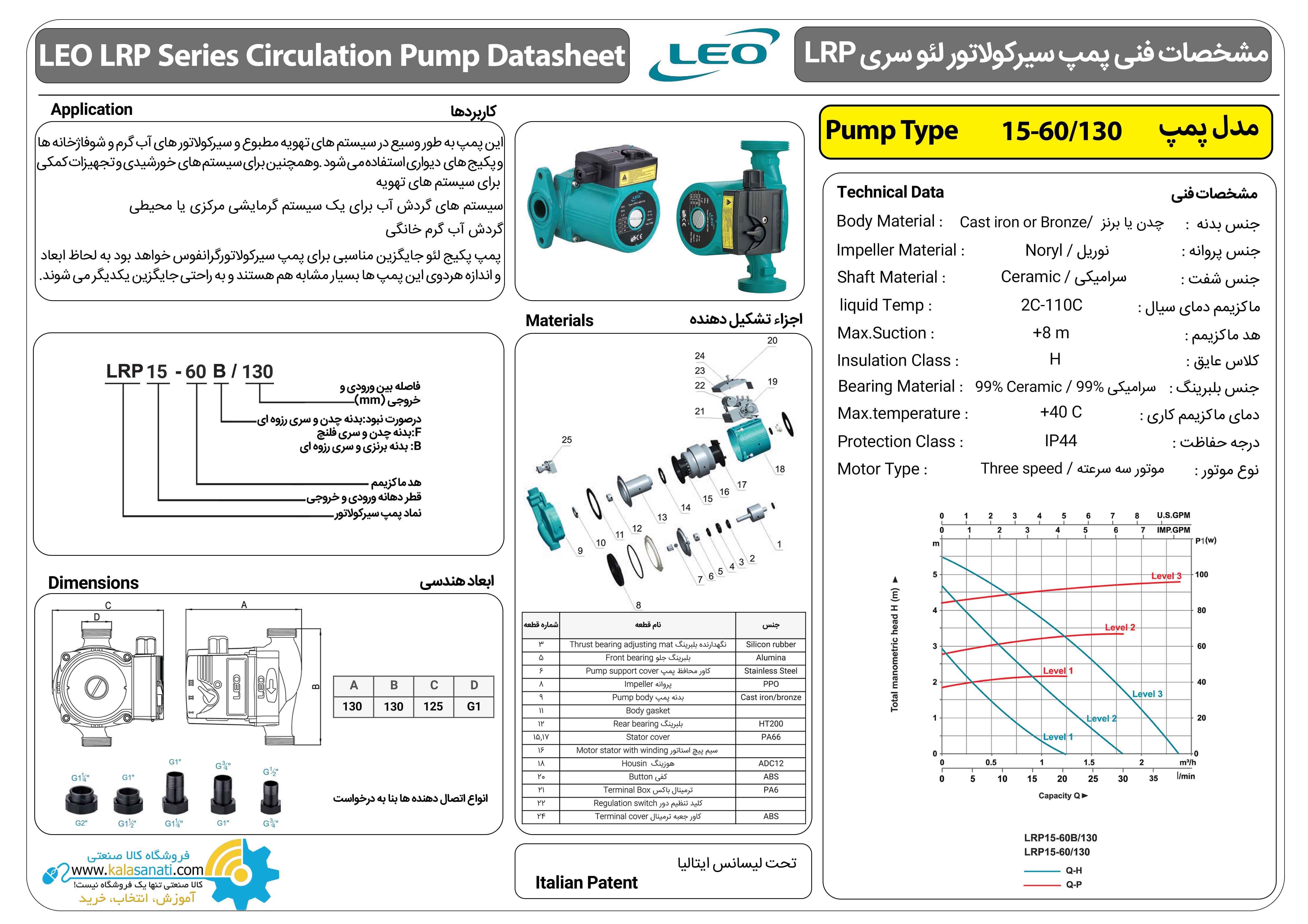 قیمت پمپ سیرکولاتور پکیج چینی LEO لئو مدل LRP15-60/130